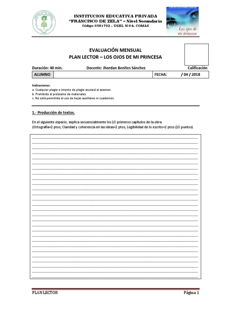 Evaluación Mensual Plan Lector 3ero y 4to | PDF
