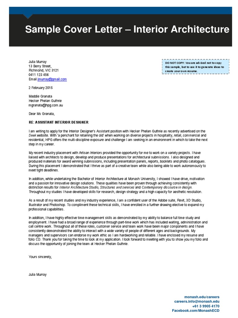 Sample Cover Letter - Interior Architecture | PDF | Design | Business