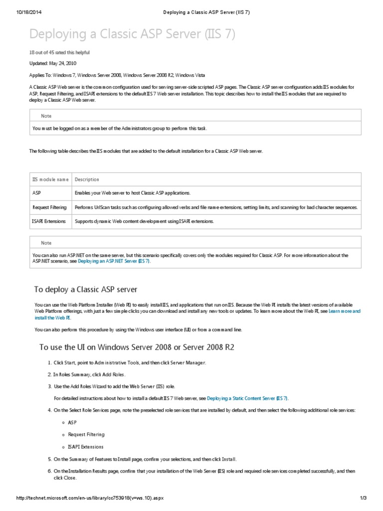 Deploying A Classic ASP Server (IIS 7) | PDF | Internet Information Services | Active Server Pages