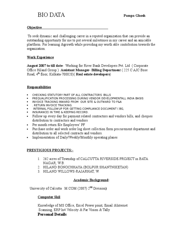 Bio Data: Pampa Ghosh Objective | PDF