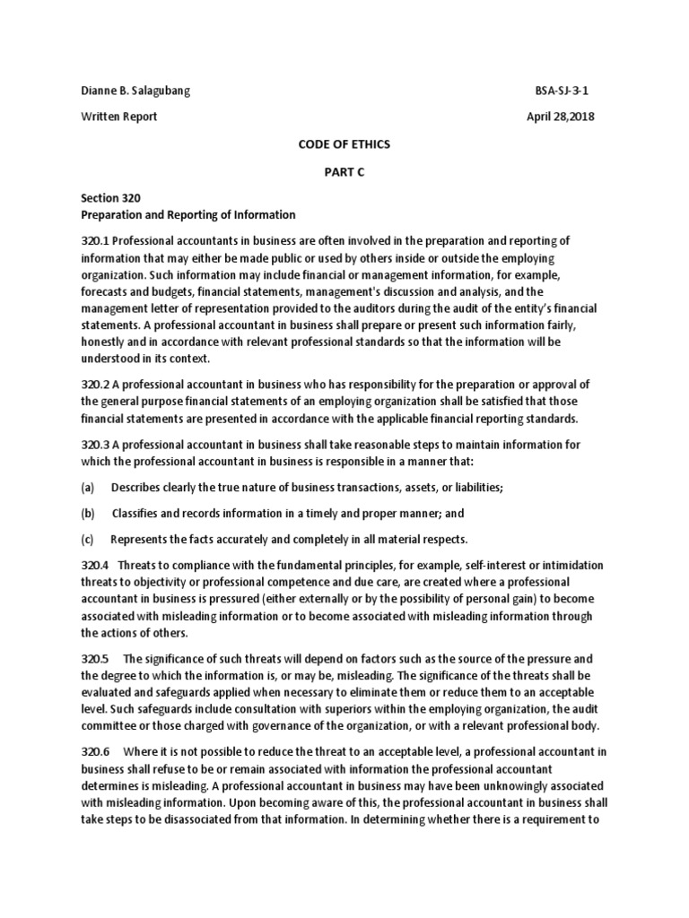 Code Of Ethics Part C Pdf Financial Statement Accounting