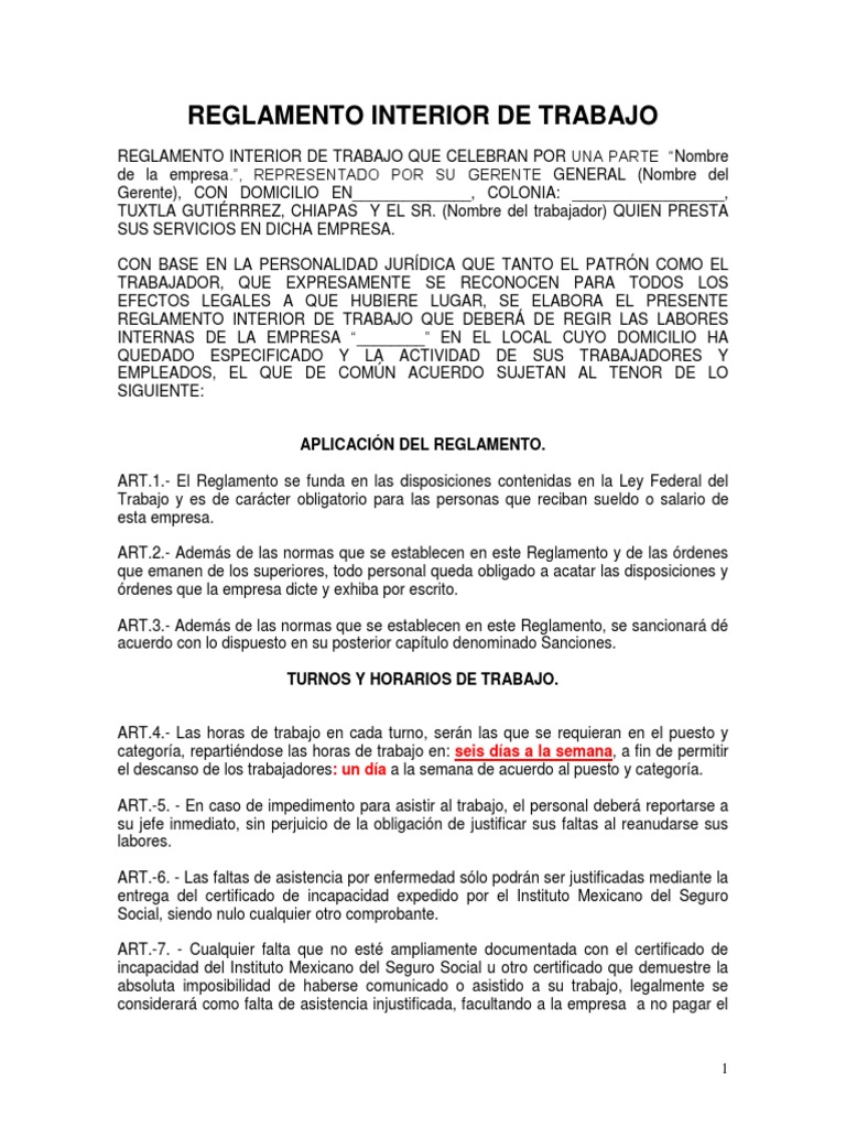 Ejemplo de Reglamento Interior de Trabajo Restaurantes | PDF ...
