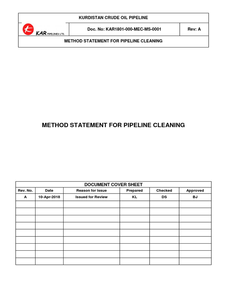 Method Statement For Pipeline Cleaning: Kurdistan Crude Oil Pipeline ...