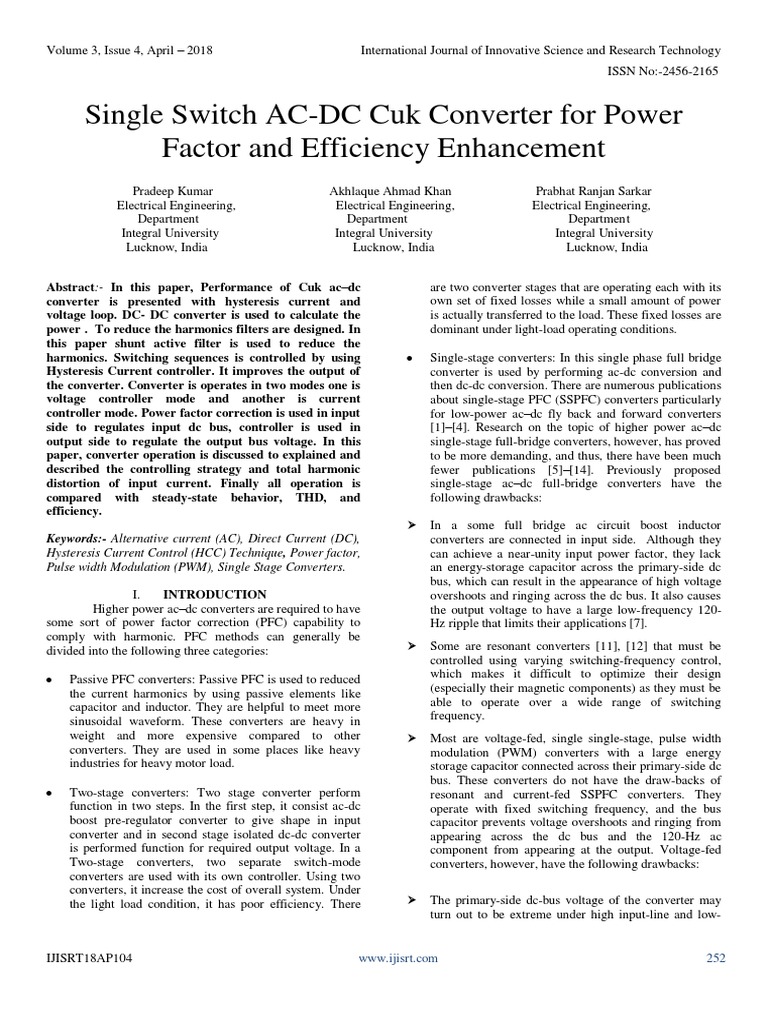 Single Switch AC DC Cuk Converter For Power Factor and Efficiency ...