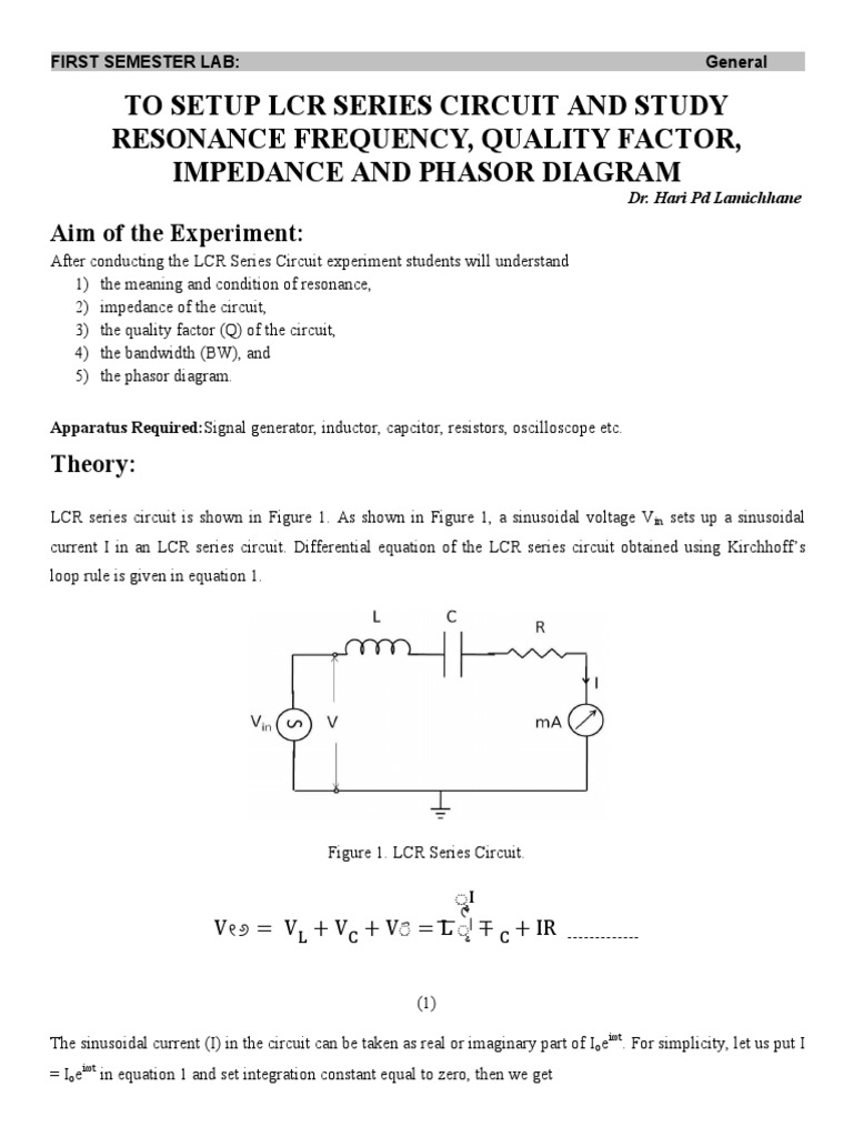 To Setup LCR Series Circuit and Study Resonance Frequency, Quality ...