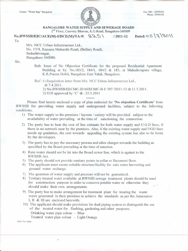 BWSSB Noc - DT 5.7.11 | PDF