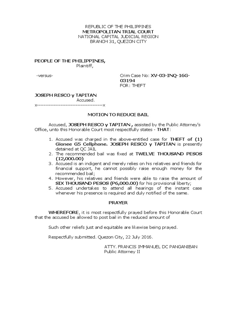 Motion To Reduce BAIL | PDF | Bail | Courts