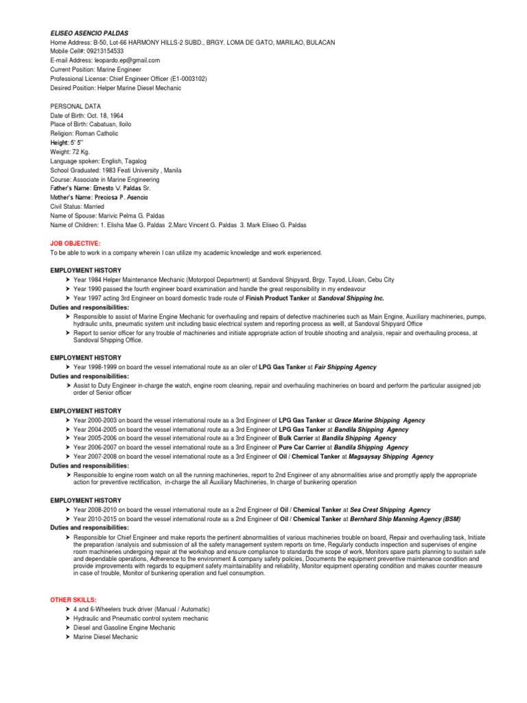 Employment Resume | PDF | Oil Tanker | Diesel Engine