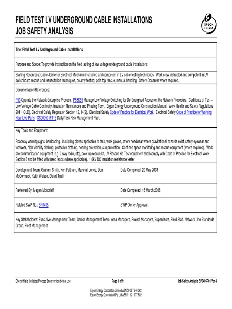 SP0405R01 Underground Cable JSA | PDF | Risk | Safety