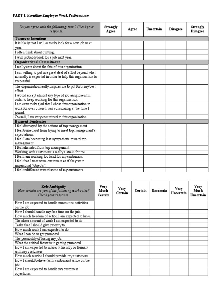 Frontline Employees Work Performance Questionnaire | PDF | Occupational ...