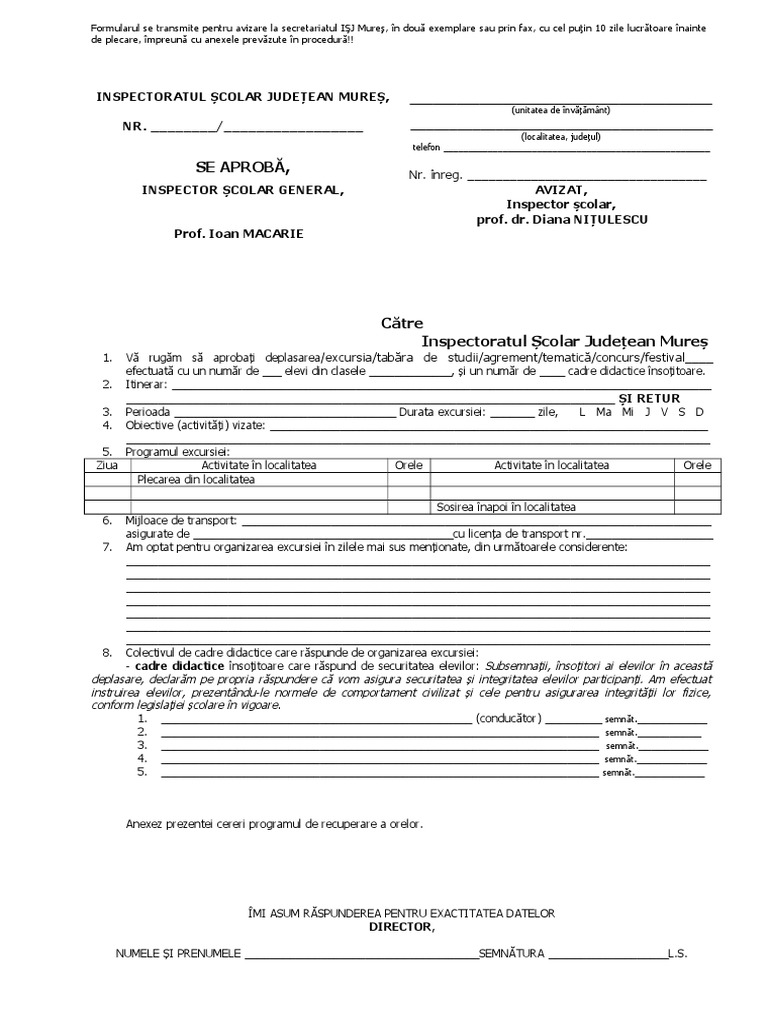 Formular Excursie Scolara | PDF
