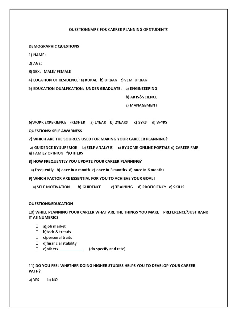 Questionnaire For Carrer Planning of Students | PDF | Questionnaire ...