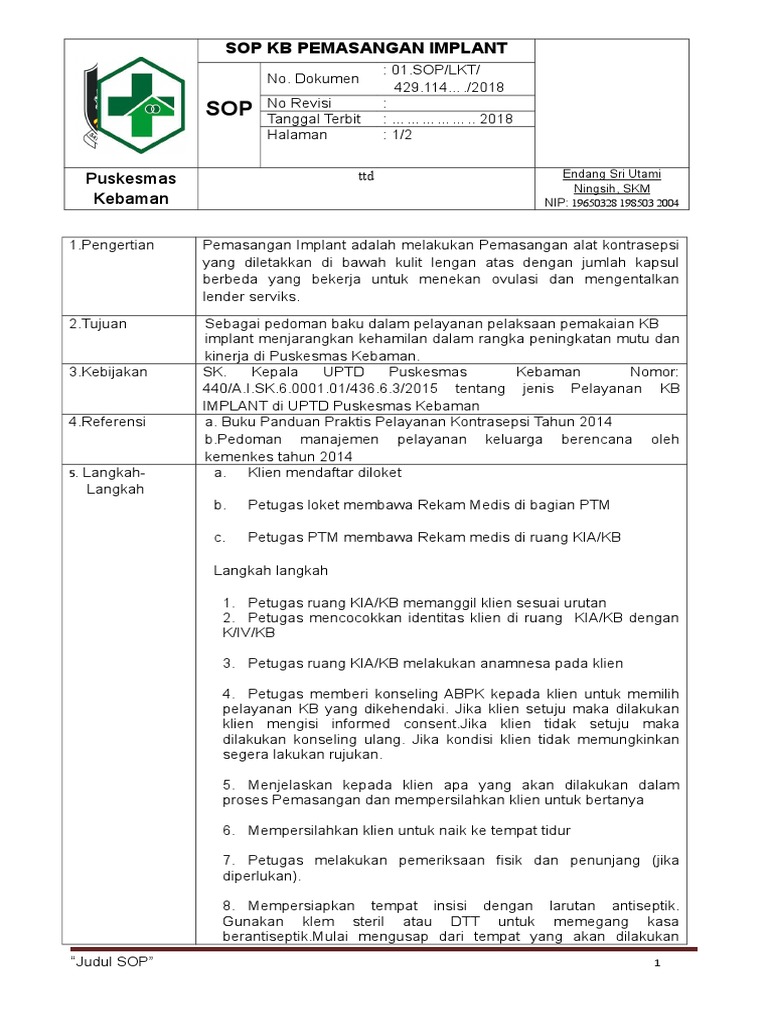 SOP Pemasangan Implant KB | PDF