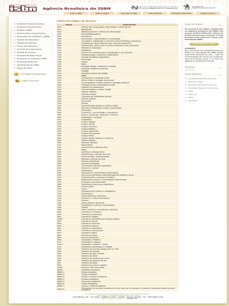 CDD - Tabela de Códigos de Assunto | International Standard Book Number ...