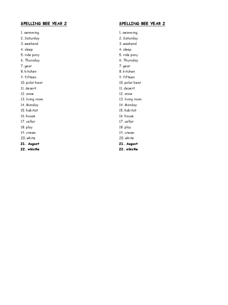 Spelling Bee Year 2 Spelling Bee Year 2: 21. August 22. Whistle 21 ...