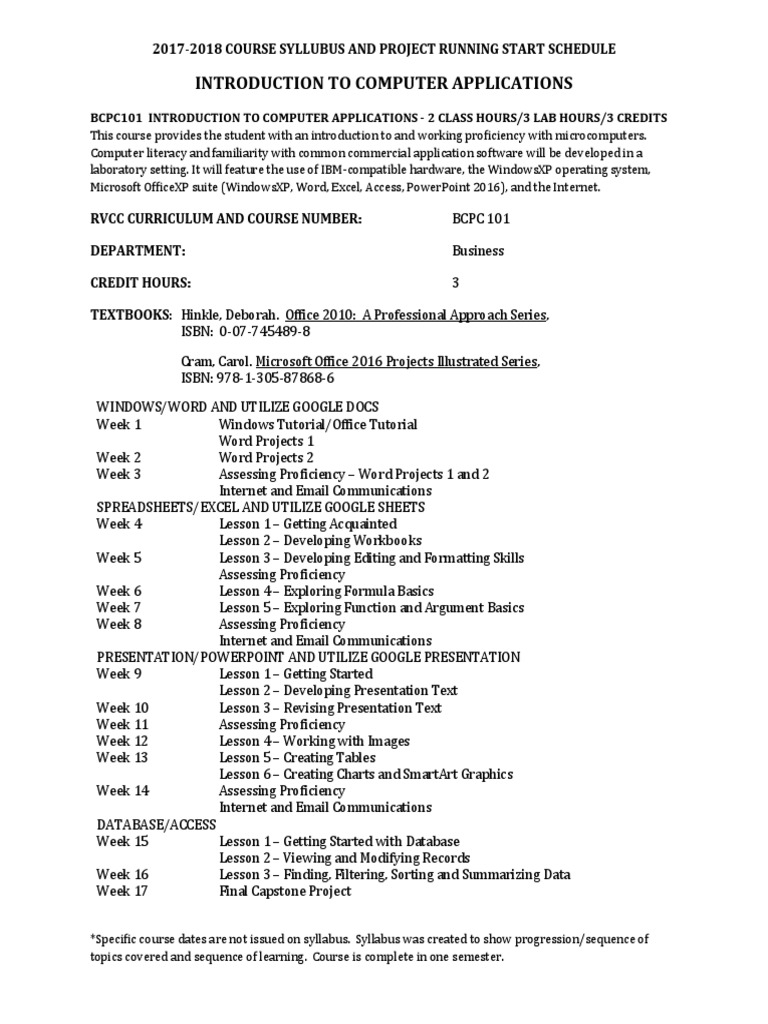 Intro to Computer Apps Syllabus | PDF | Microsoft Excel | Application Software