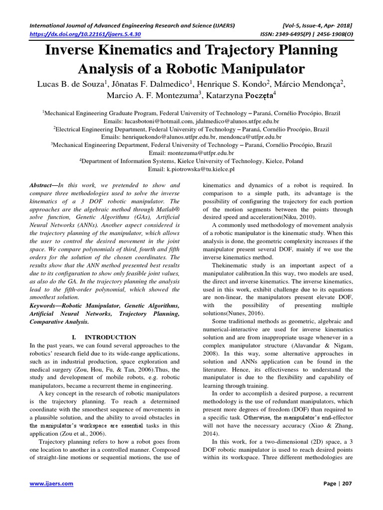 Inverse Kinematics and Trajectory Planning Analysis of A Robotic Manipulator | PDF | Robotics ...