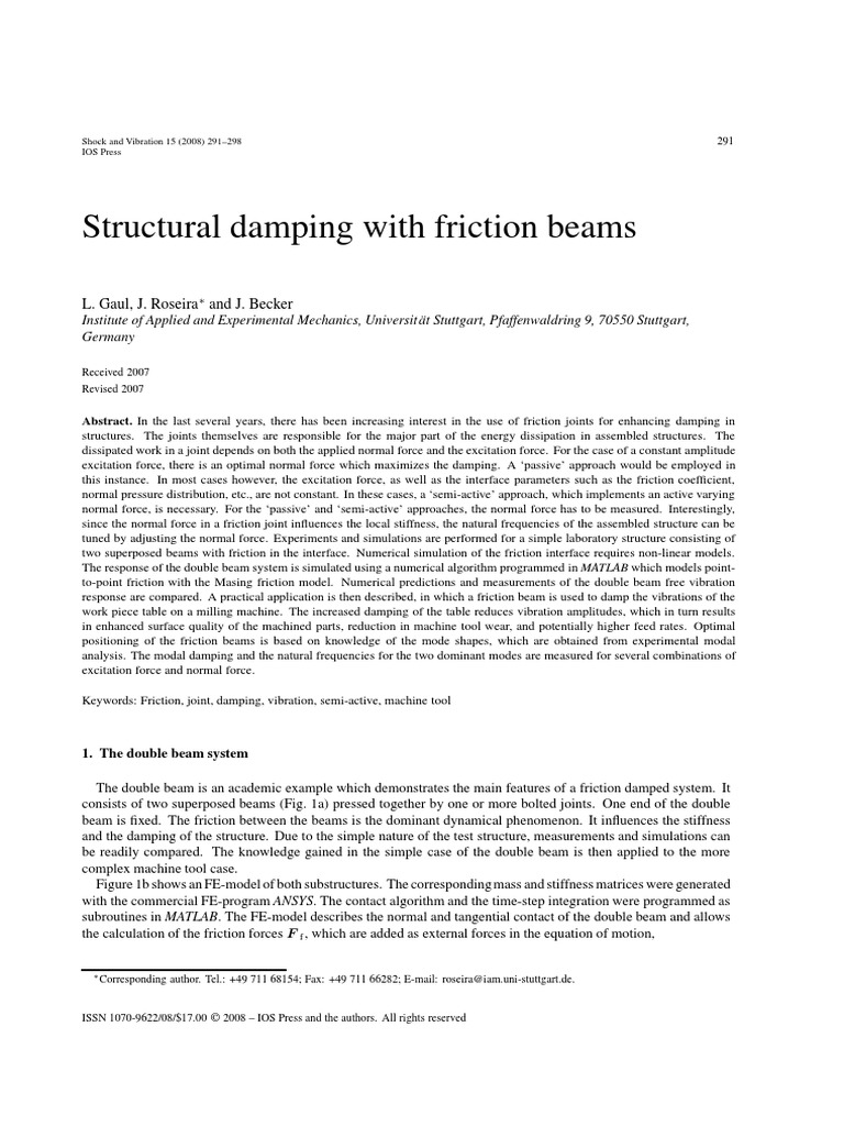 Structural Damping With Friction Beams: L. Gaul, J. Roseira and J. Becker | PDF | Normal Mode ...