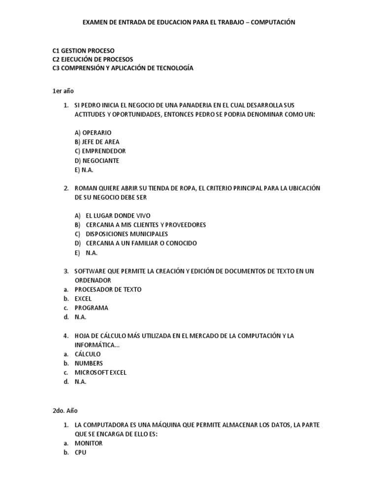 Examen de Entrada de Educacion para El Trabajo-Juan | PDF | Business