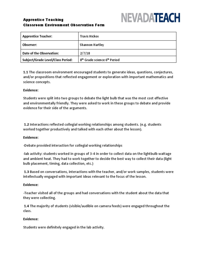 Apprentice Teaching Classroom Environment Observation Form: Travis ...