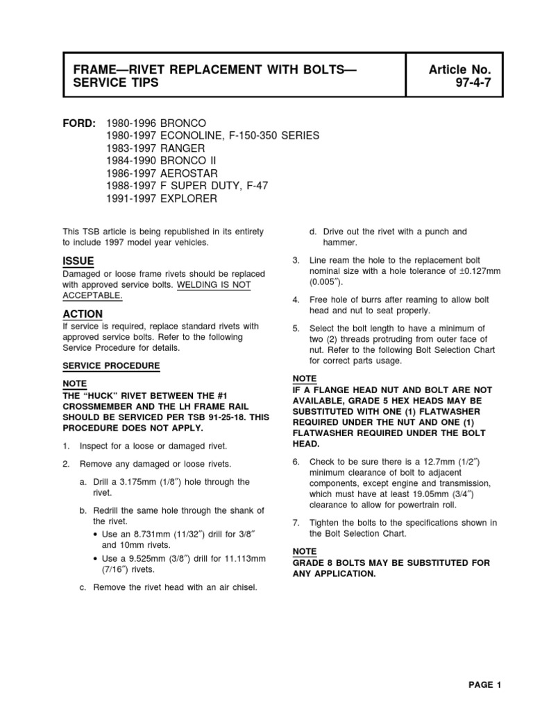 FRAME RIVETS REPLACEMENT WITH BOLTS SERVICE TIPS - Article No. 97-4-7 ...
