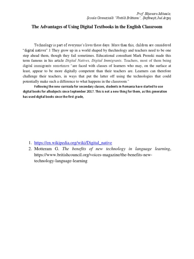 Benefits of Digital Textbooks in English Class | PDF