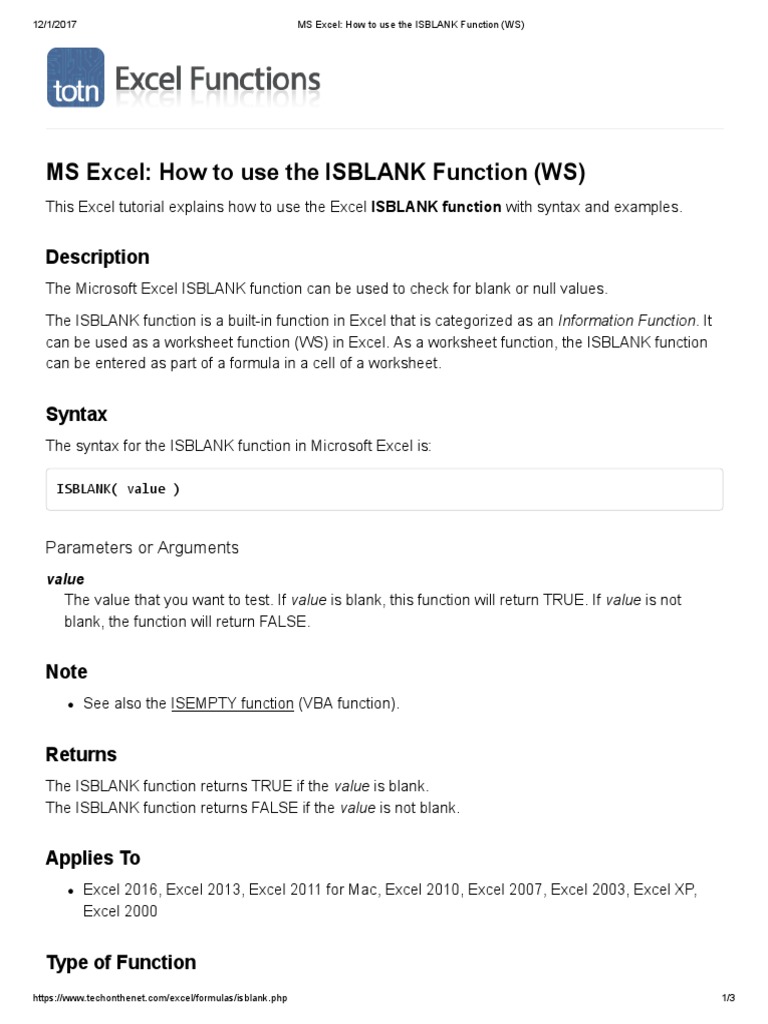 MS Excel - How To Use The ISBLANK Function (WS) PDF | PDF | Microsoft ...