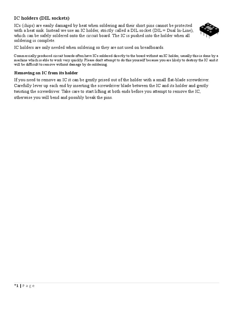IC Holders (DIL Sockets) : Removing An IC From Its Holder | PDF