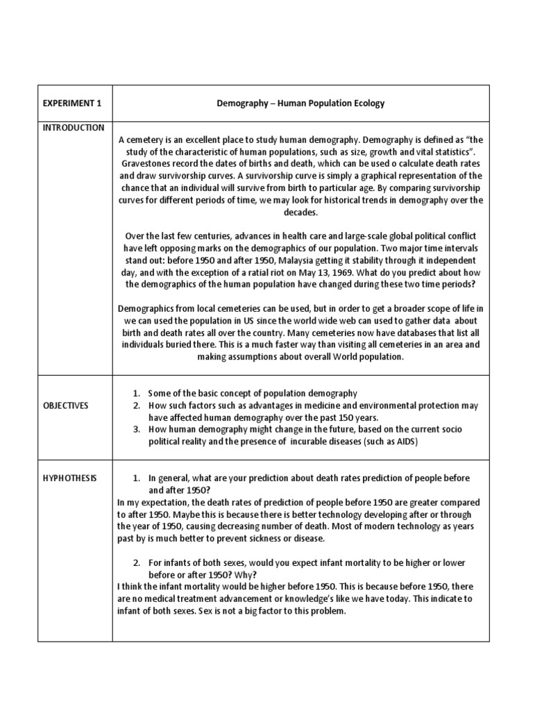 Experiment 1 Demography Human Population Ecology Pdf Infant