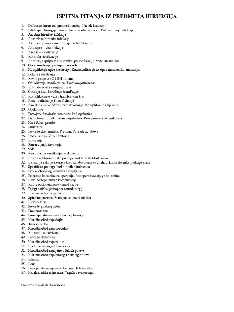 Ispitna Pitanja Iz Predmeta Hirurgija - Redovni Ucenici | PDF