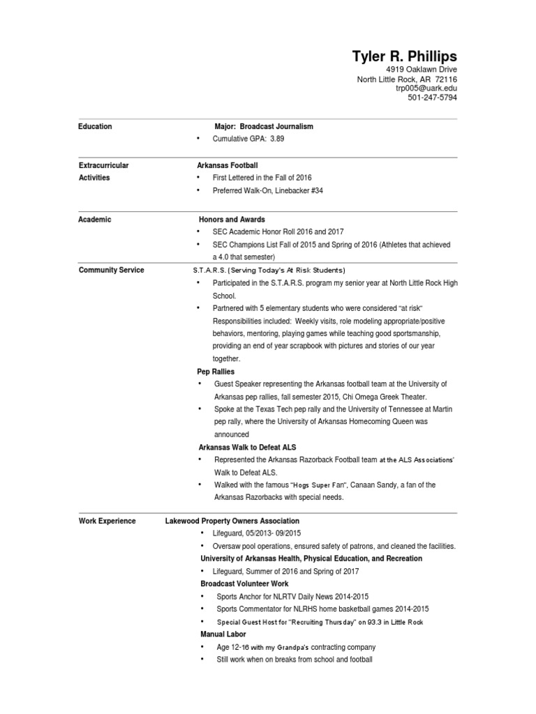 Tyler Phillips Resume | PDF | Sports | Further Education