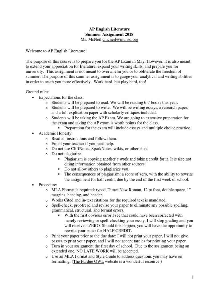 AP English Literature Summer Assignment | PDF | Citation | Test ...