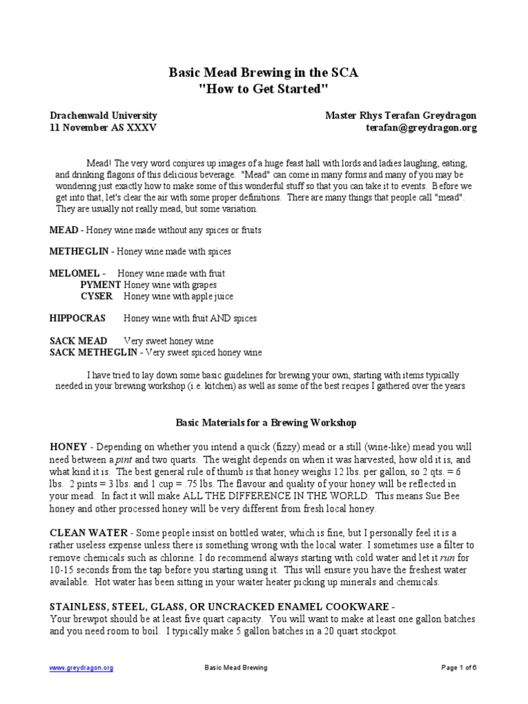 Basic Mead Brewing in The SCA "How To Get Started" | PDF | Brewing | Wine