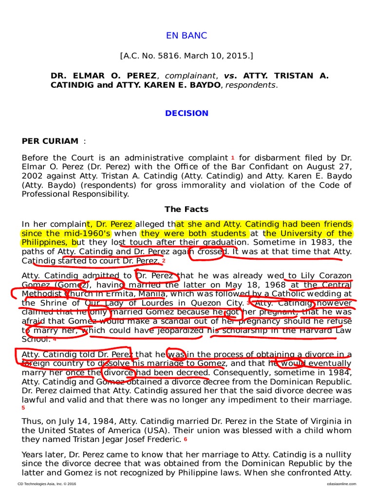En Banc: Dr. Elmar O. Perez, Complainant, vs. Atty. Tristan A. CATINDIG ...