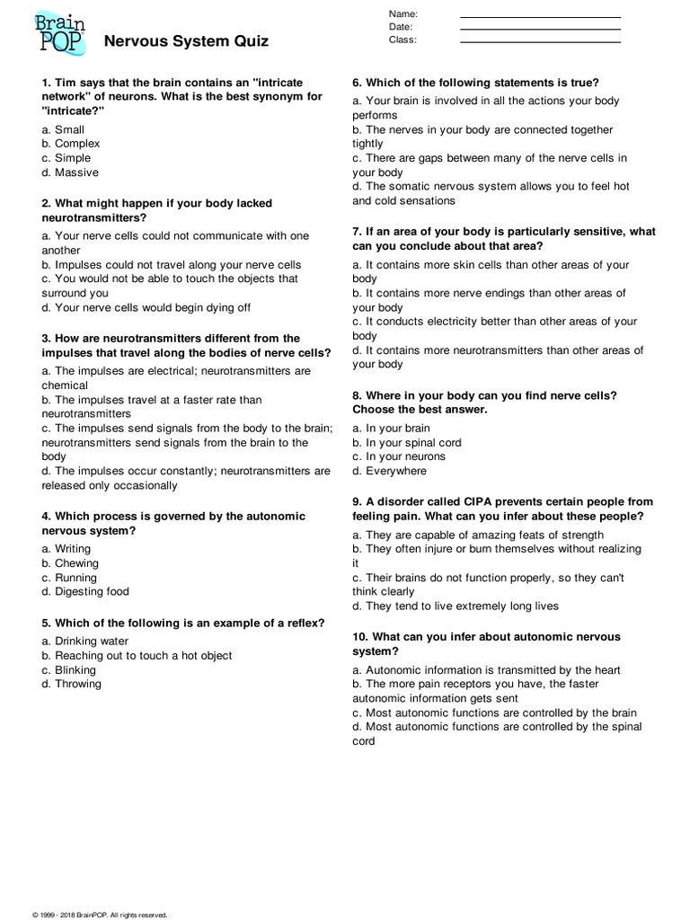Nervous System Quiz | Download Free PDF | Nervous System | Neuron
