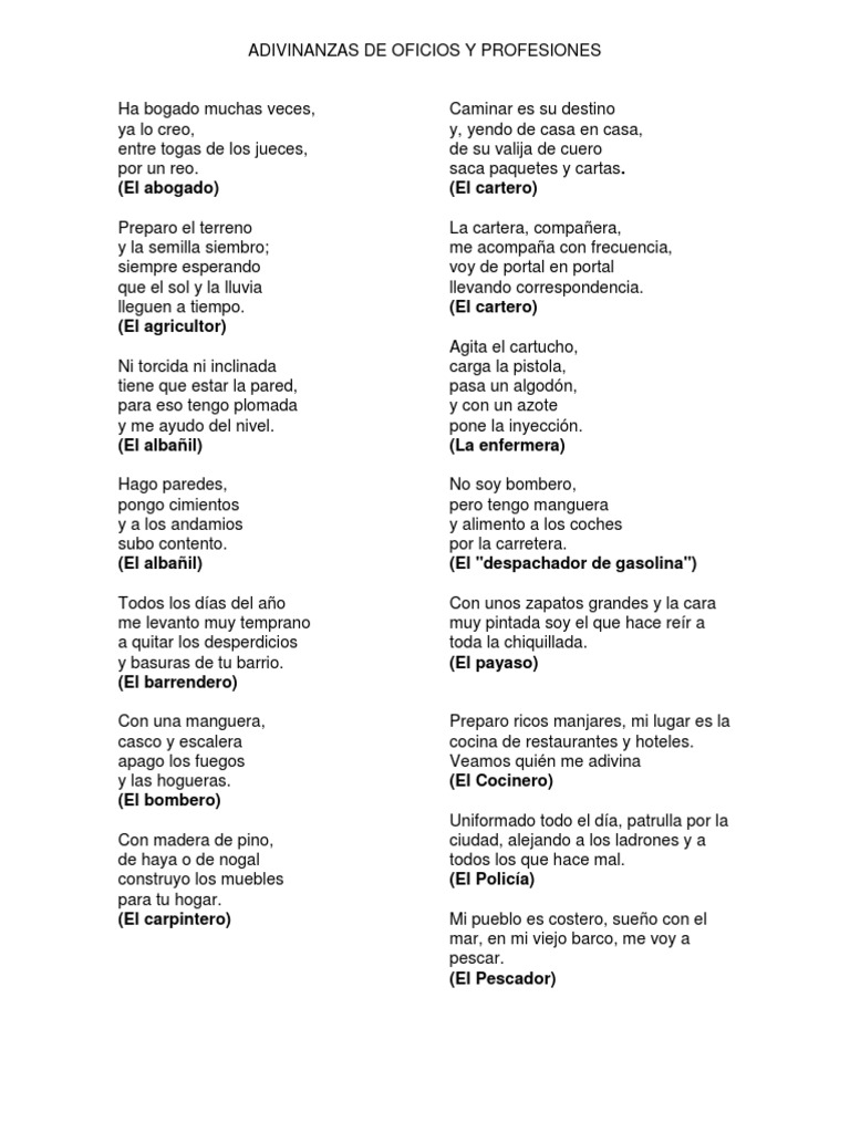 Adivinanzas de Oficios y Profesiones | PDF