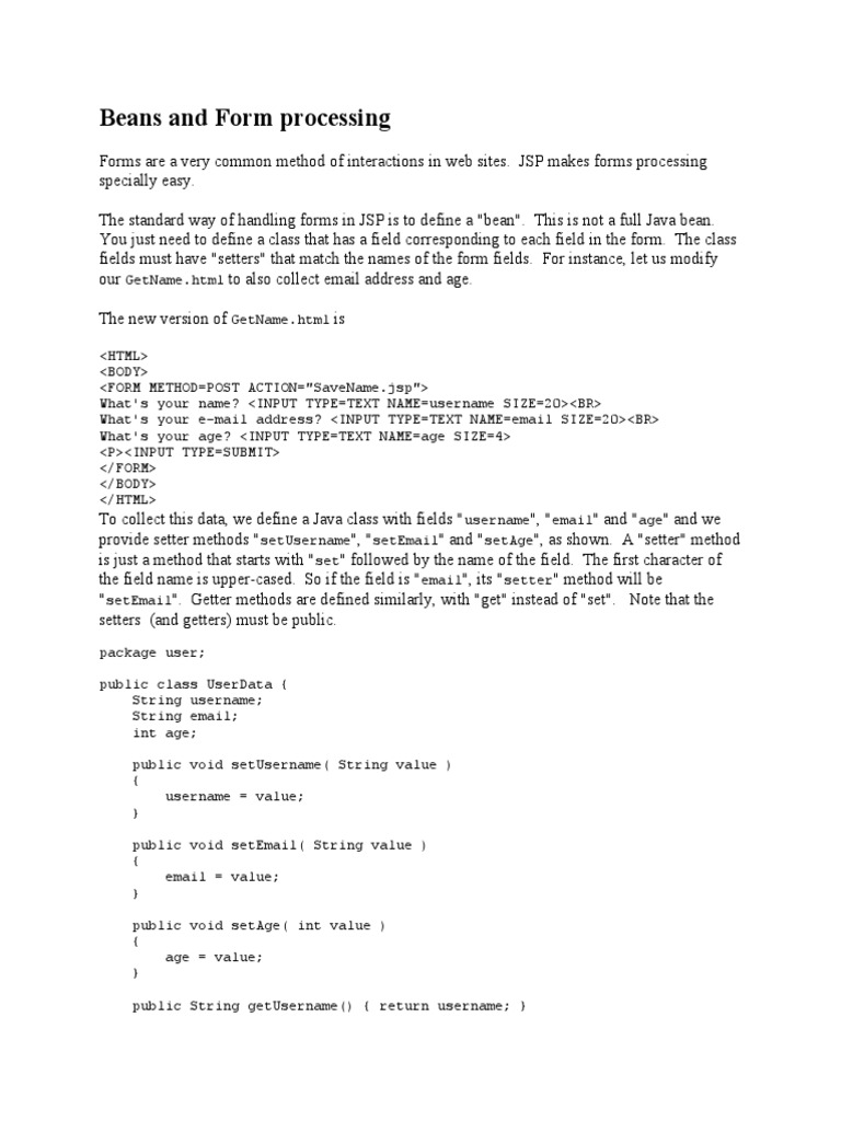 JSP Form Processing with Java Beans | PDF | Class (Computer Programming) | Computer Access Control
