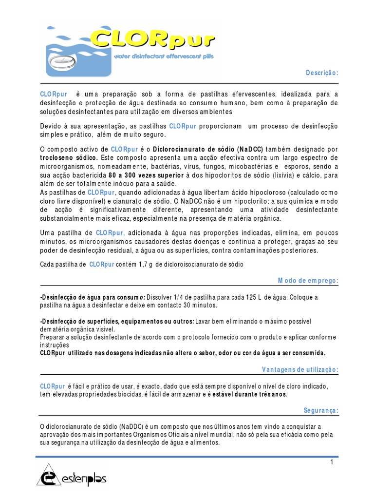 CLOR Pur - Ficha Comercial 2018 | PDF | Desinfetante | Cloro
