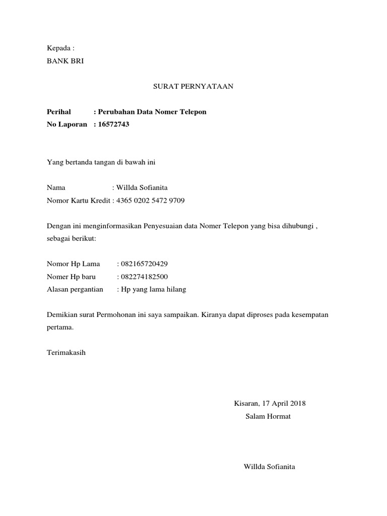 Surat Pernyataan No HP | PDF | Pengelolaan Keuangan & Uang