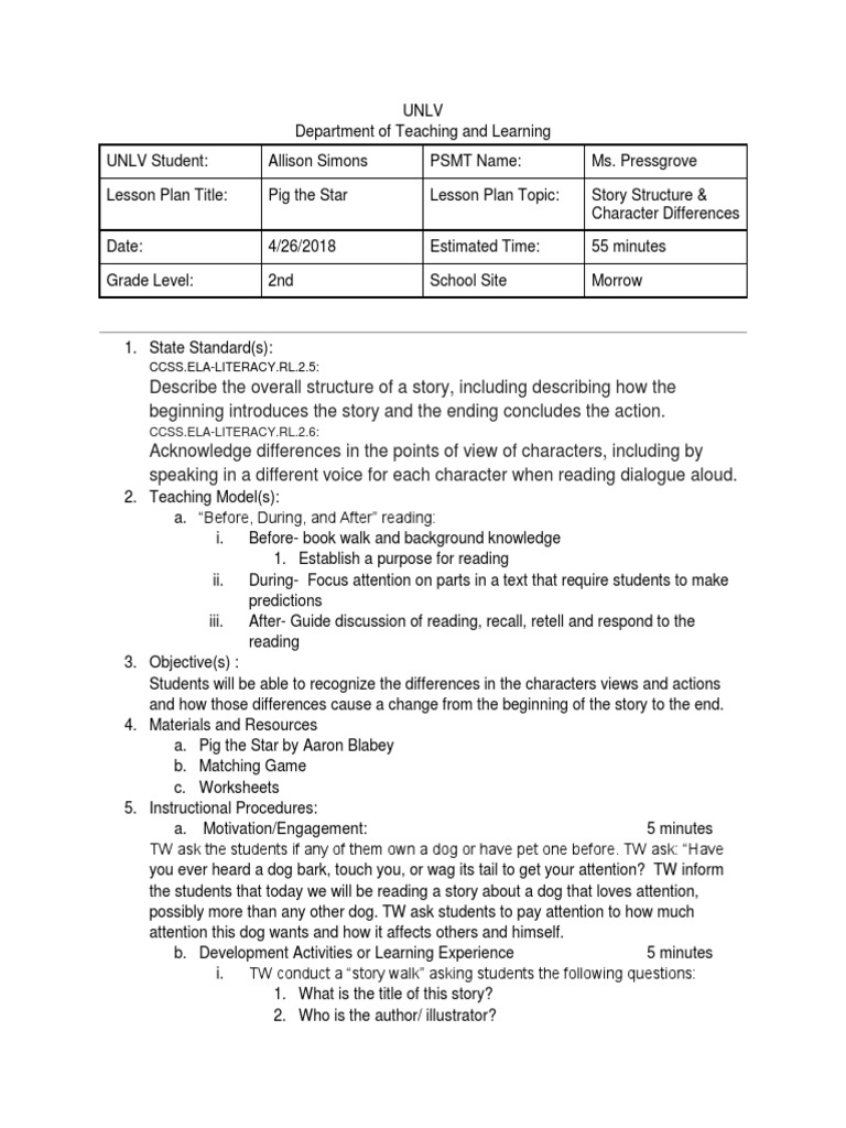 Pig The Star Lesson Plan | PDF | Lesson Plan | Educational Assessment