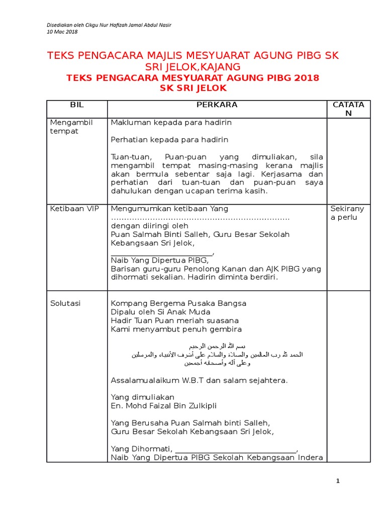 Teks Pengacara Majlis Mesyuarat Agung Pibg | PDF