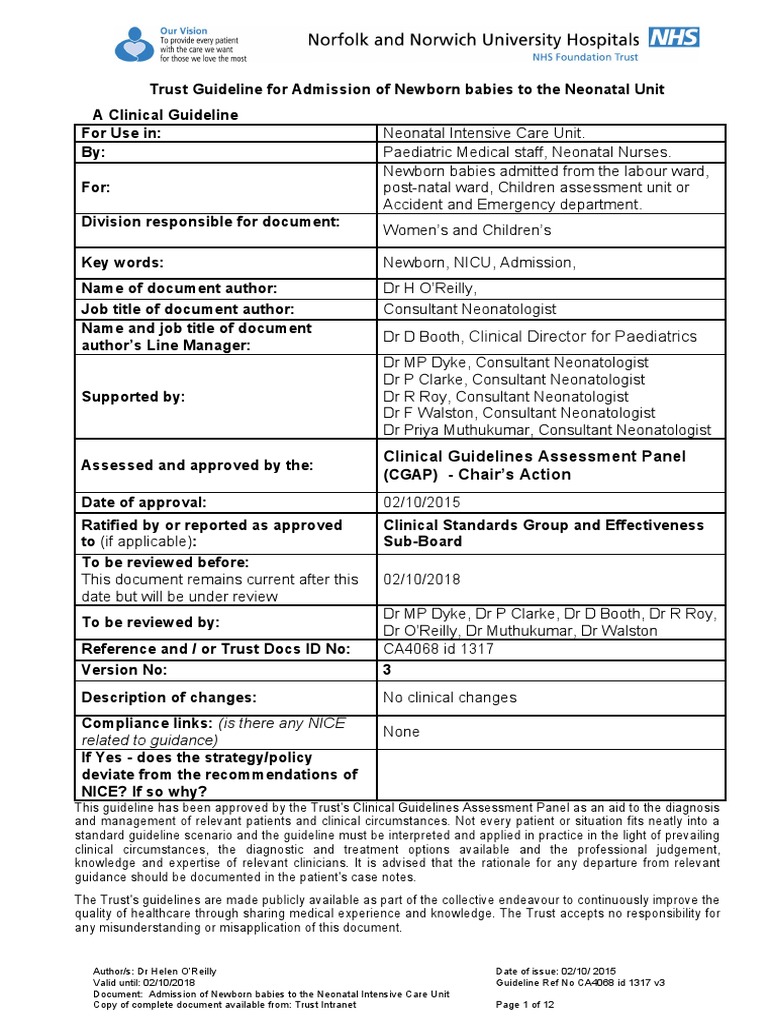 Admission To NICU CA4068v3 | PDF | Neonatal Intensive Care Unit | Infants