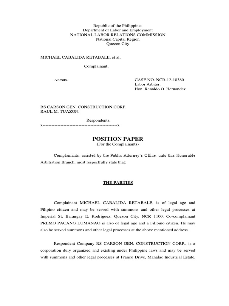 Position Paper Draft Sample | Download Free PDF | Damages | Employment