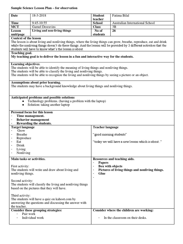 Living Things and Non Living Things g3 | PDF | Lesson Plan | Teachers