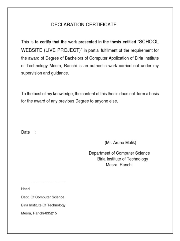 Declaration Certificate for Thesis | PDF