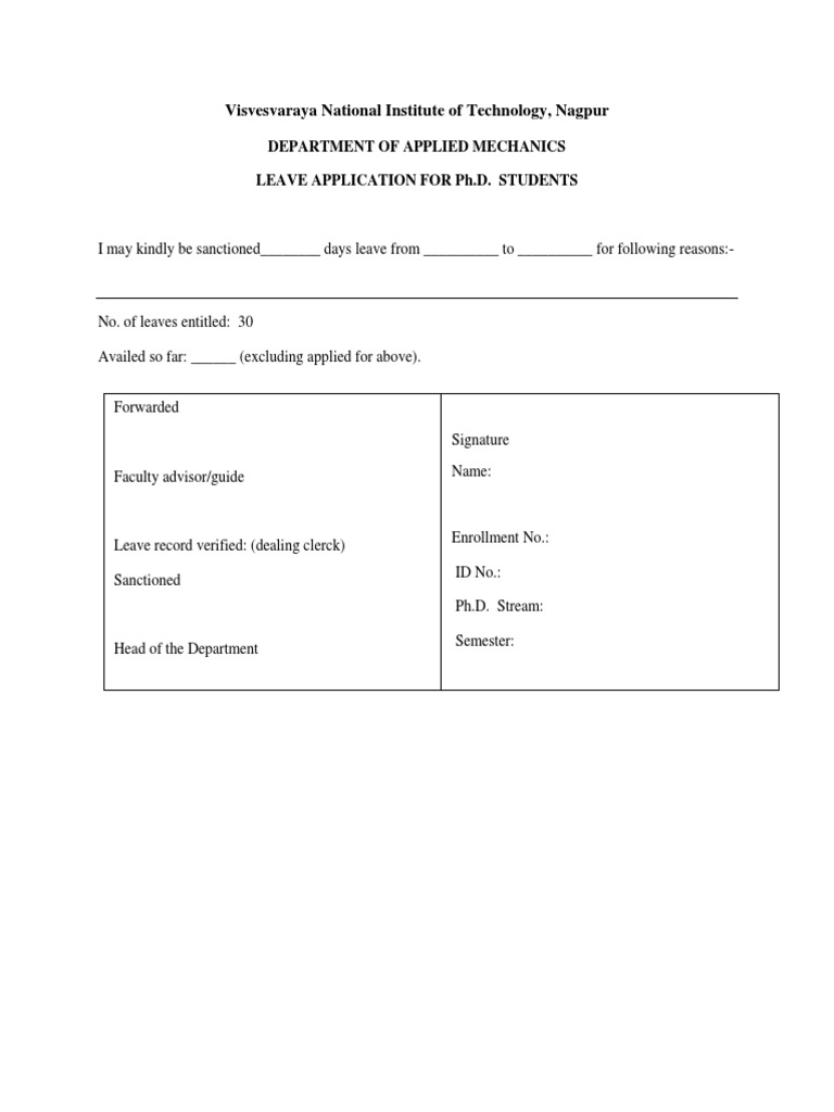 Request for Ph.D. Leave of Absence from Visvesvaraya National Institute ...