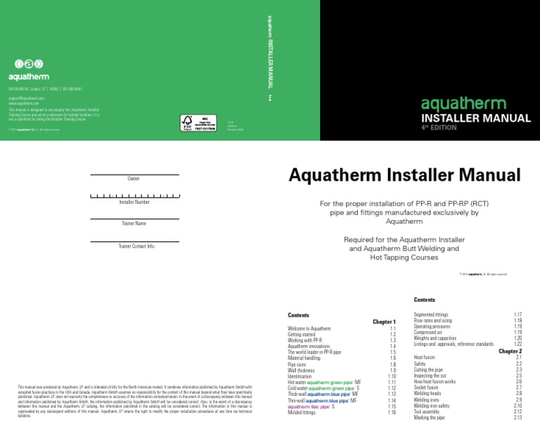 Aquatherm Installer Manual | PDF | Pipe (Fluid Conveyance) | Materials