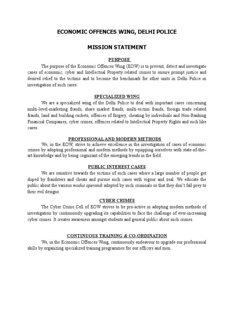 Economic Offences Wing, Delhi Police Mission Statement: Purpose | PDF ...