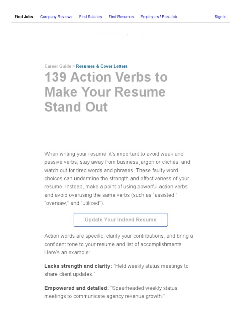 139 Action Verbs To Make Your Resume Stand Out: Career Guide | PDF ...