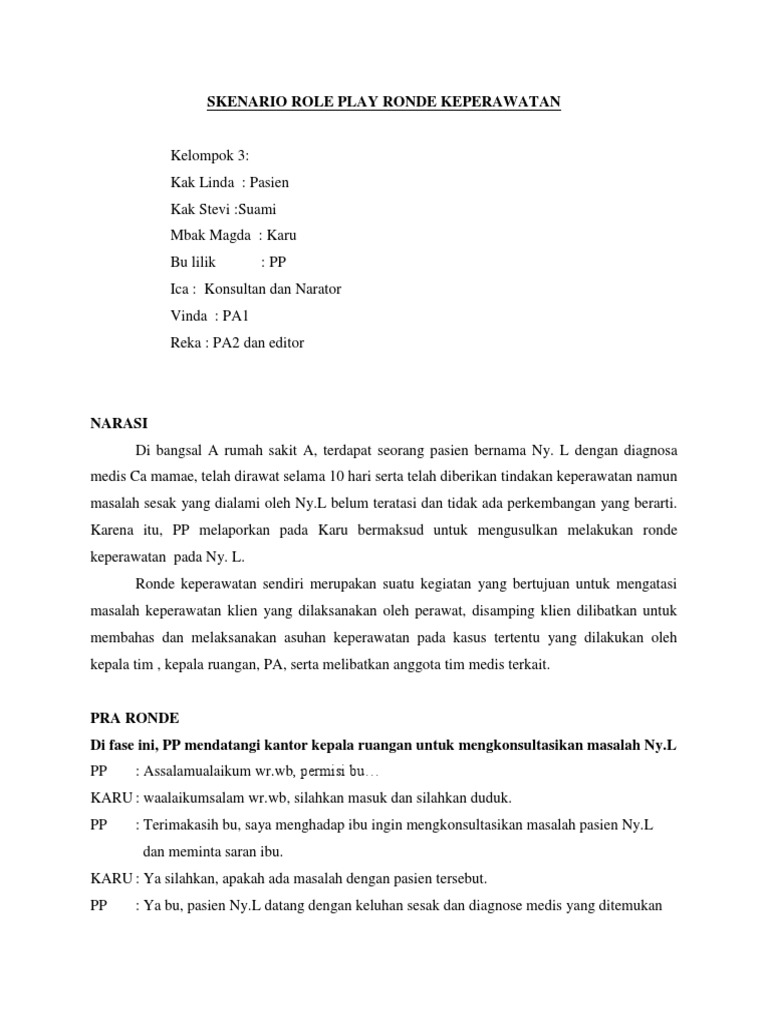 Skenario Role Play Ronde Keperawatan Kelompok 6 | PDF